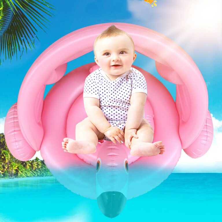Kids Inflatable Flamingo Swim Float With Sunshade Safe Arm Rings ...